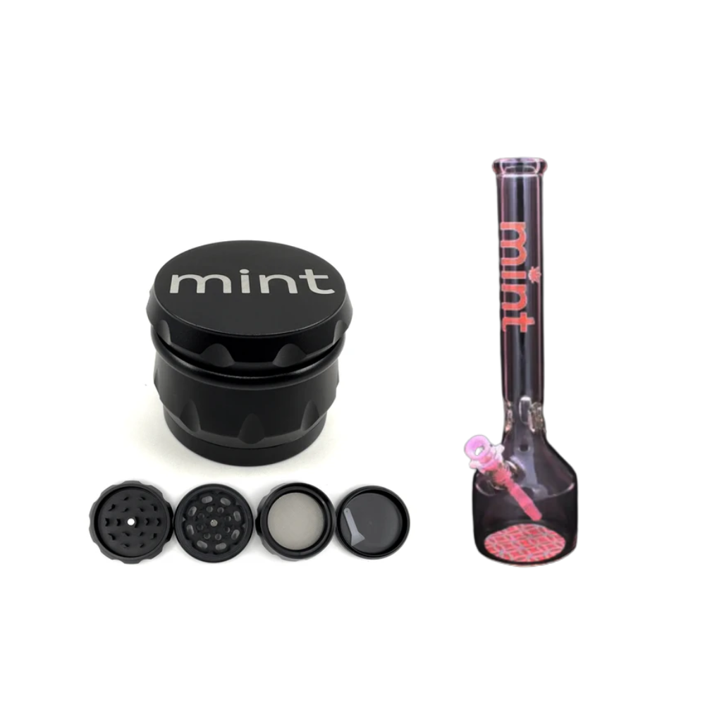 Mint Big Grip 4 Part Grinder + 18" Mint Glass Obsidian Beaker Bong (7m ...